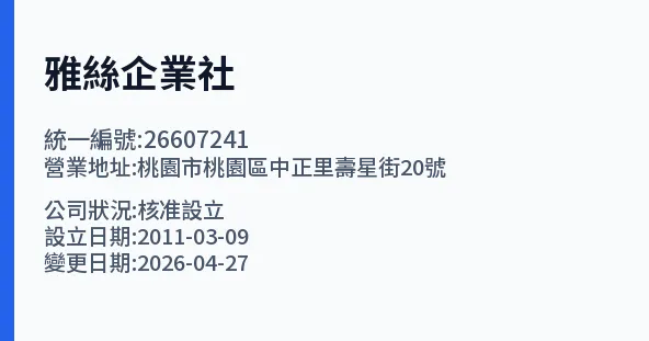雅絲企業社的照片-統編 26607241(桃園市) 公司登記資料與營業項目詳細圖表