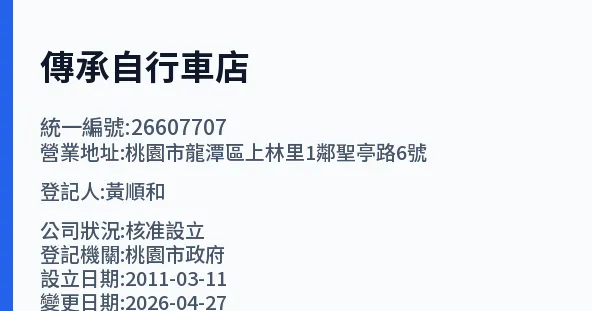 傳承自行車店的照片-統編 26607707(桃園市) 公司登記資料與營業項目詳細圖表