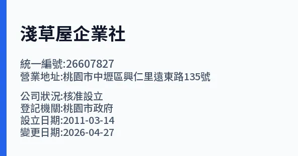 淺草屋企業社的照片-統編 26607827(桃園市) 公司登記資料與營業項目詳細圖表