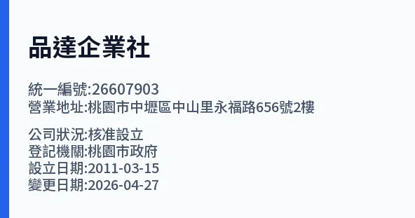 品達企業社的照片-統編 26607903(桃園市) 公司登記資料與營業項目詳細圖表