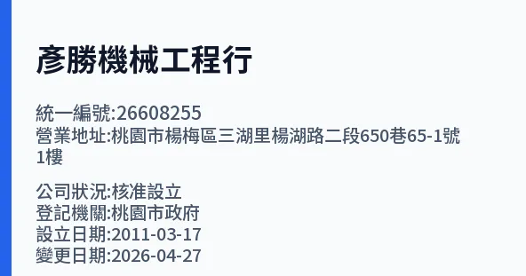 彥勝機械工程行的照片-統編 26608255(桃園市) 公司登記資料與營業項目詳細圖表