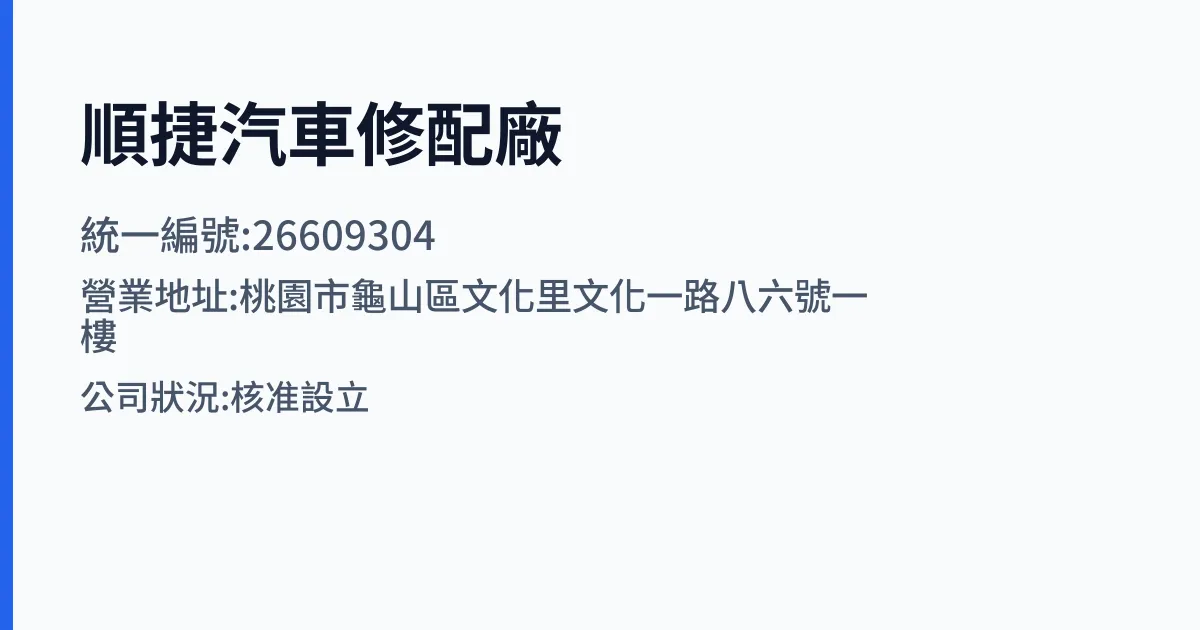 順捷汽車修配廠 - 統編 26609304(桃園市) 公司登記資料與營業項目詳細圖表