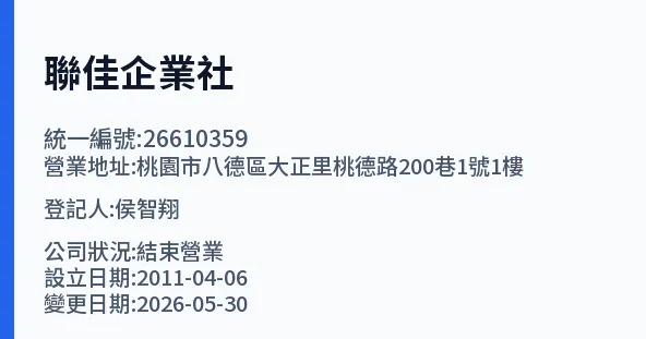 聯佳企業社的照片-統編 26610359(桃園市) 公司登記資料與營業項目詳細圖表