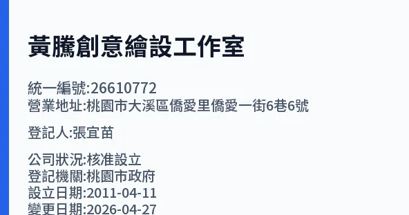 黃騰創意繪設工作室的照片-統編 26610772(桃園市) 公司登記資料與營業項目詳細圖表