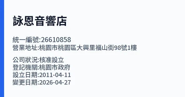 詠恩音響店的照片-統編 26610858(桃園市) 公司登記資料與營業項目詳細圖表