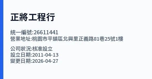 正將工程行的照片-統編 26611441(桃園市) 公司登記資料與營業項目詳細圖表