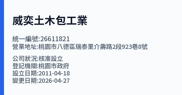 威奕土木包工業的照片-統編 26611821(桃園市) 公司登記資料與營業項目詳細圖表