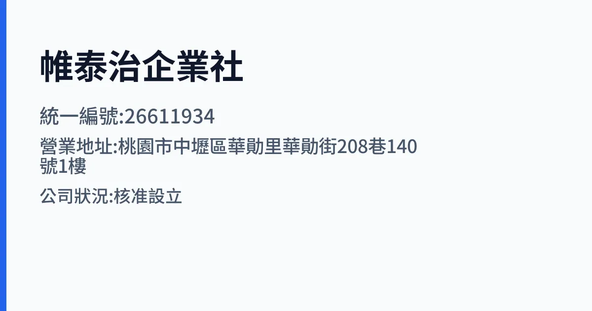 帷泰治企業社 - 統編 26611934(桃園市) 公司登記資料與營業項目詳細圖表