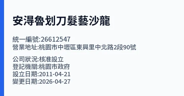 安淂魯划刀髮藝沙龍的照片-統編 26612547(桃園市) 公司登記資料與營業項目詳細圖表