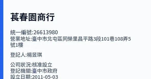 萇春園商行的照片-統編 26613980(臺中市) 公司登記資料與營業項目詳細圖表