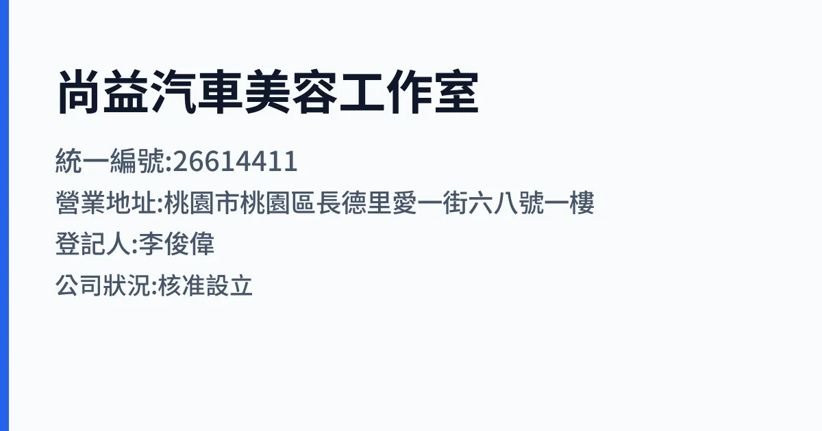 尚益汽車美容工作室 - 統編 26614411(桃園市) 公司登記資料與營業項目詳細圖表
