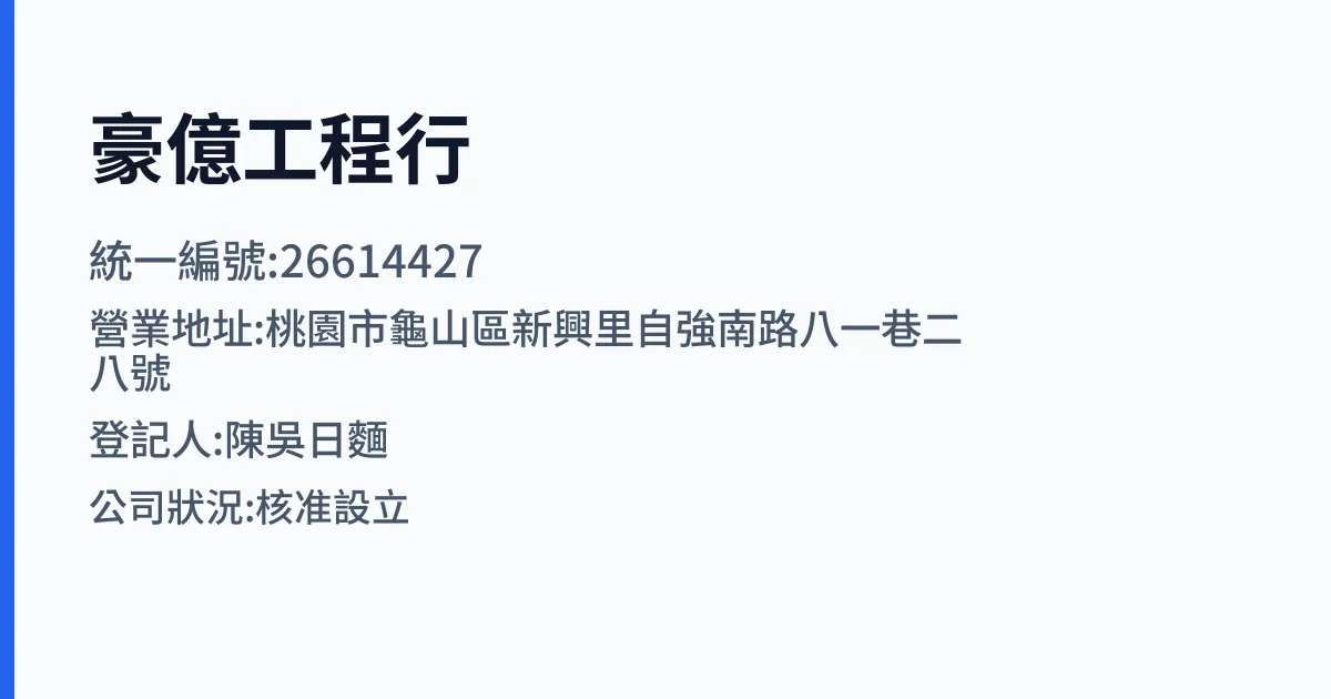 豪億工程行 - 統編 26614427(桃園市) 公司登記資料與營業項目詳細圖表