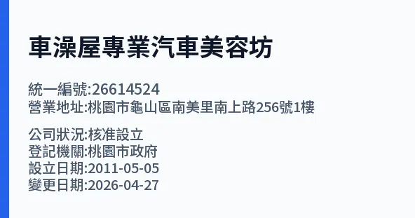車澡屋專業汽車美容坊的照片-統編 26614524(桃園市) 公司登記資料與營業項目詳細圖表
