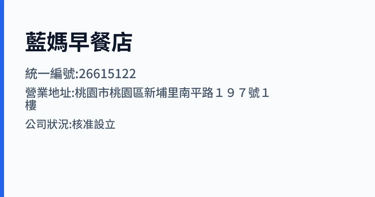 藍媽早餐店 - 統編 26615122(桃園市) 公司登記資料與營業項目詳細圖表