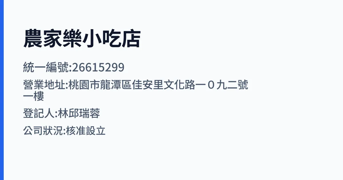 農家樂小吃店 - 統編 26615299(桃園市) 公司登記資料與營業項目詳細圖表