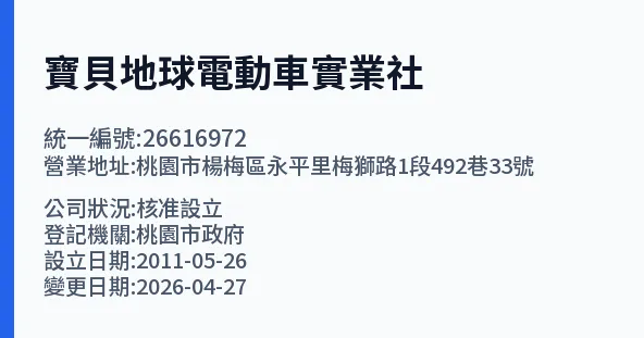 寶貝地球電動車實業社的照片-統編 26616972(桃園市) 公司登記資料與營業項目詳細圖表