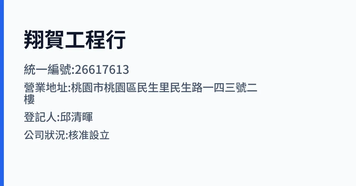 翔賀工程行 - 統編 26617613(桃園市) 公司登記資料與營業項目詳細圖表