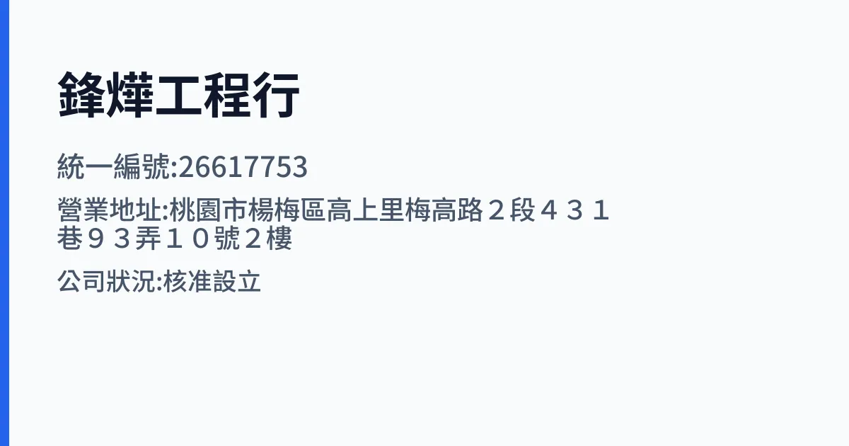 鋒燁工程行 - 統編 26617753（桃園市） 公司登記資料與營業項目詳細圖表
