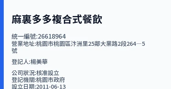 麻裏多多複合式餐飲的照片-統編 26618964(桃園市) 公司登記資料與營業項目詳細圖表