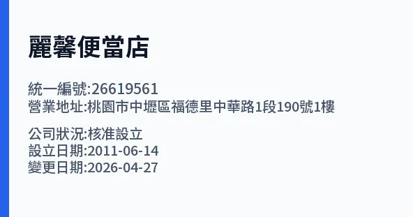 麗馨便當店的照片-統編 26619561(桃園市) 公司登記資料與營業項目詳細圖表