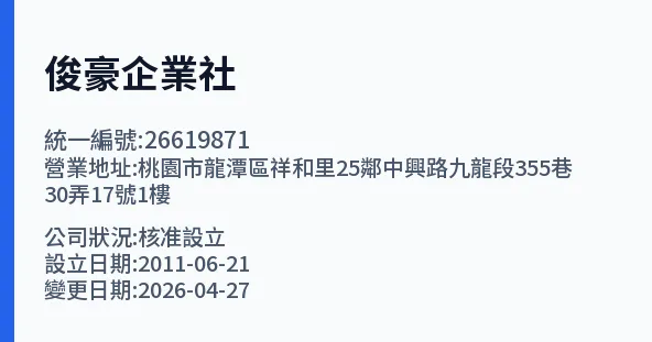 俊豪企業社的照片-統編 26619871(桃園市) 公司登記資料與營業項目詳細圖表