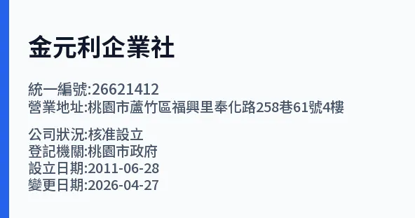 金元利企業社的照片-統編 26621412(桃園市) 公司登記資料與營業項目詳細圖表