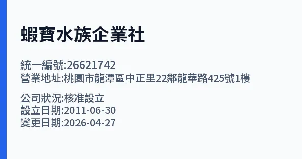 蝦寶水族企業社的照片-統編 26621742(桃園市) 公司登記資料與營業項目詳細圖表