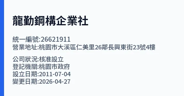 龍勤鋼構企業社的照片-統編 26621911(桃園市) 公司登記資料與營業項目詳細圖表
