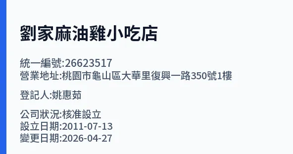 劉家麻油雞小吃店的照片-統編 26623517(桃園市) 公司登記資料與營業項目詳細圖表