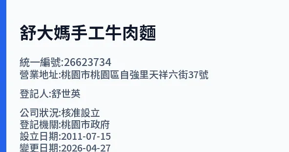 舒大媽手工牛肉麵的照片-統編 26623734(桃園市) 公司登記資料與營業項目詳細圖表