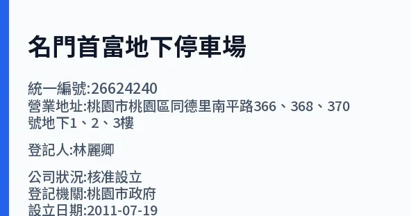 名門首富地下停車場的照片-統編 26624240(桃園市) 公司登記資料與營業項目詳細圖表