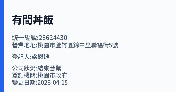有間丼飯的照片-統編 26624430(桃園市) 公司登記資料與營業項目詳細圖表