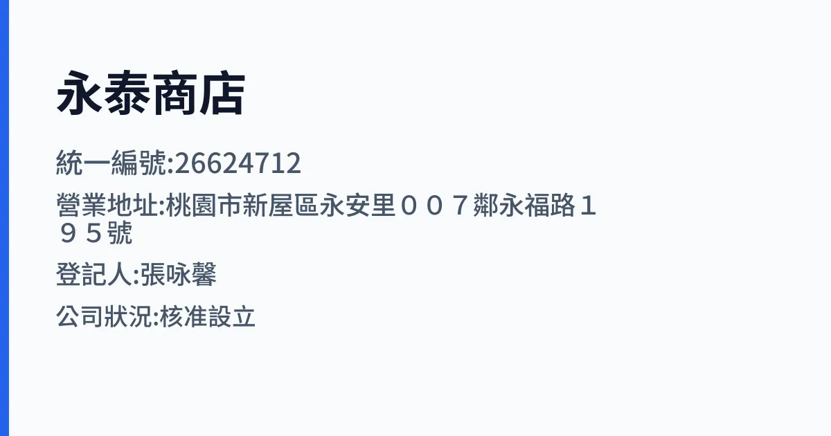 永泰商店 - 統編 26624712(桃園市) 公司登記資料與營業項目詳細圖表