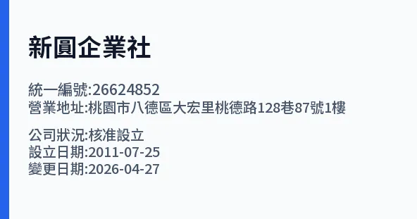 新圓企業社的照片-統編 26624852(桃園市) 公司登記資料與營業項目詳細圖表