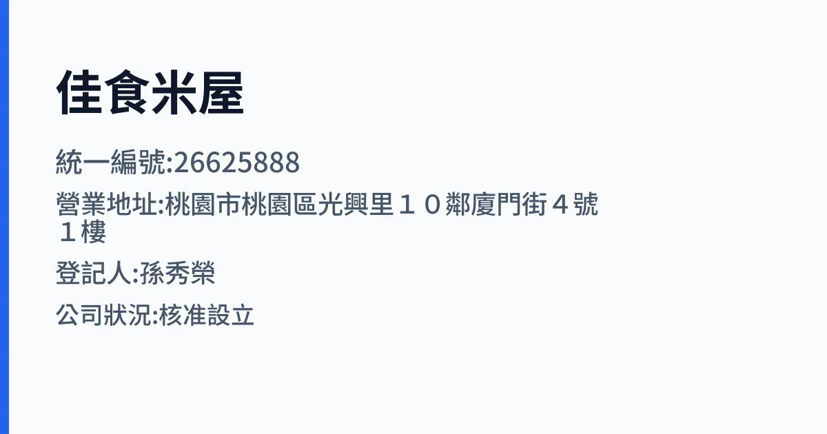 佳食米屋 - 統編 26625888(桃園市) 公司登記資料與營業項目詳細圖表