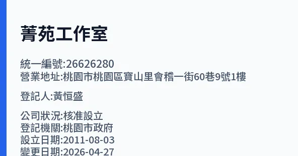 菁苑工作室的照片-統編 26626280(桃園市) 公司登記資料與營業項目詳細圖表