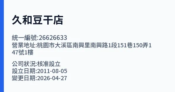 久和豆干店的照片-統編 26626633(桃園市) 公司登記資料與營業項目詳細圖表
