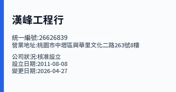 漢峰工程行的照片-統編 26626839(桃園市) 公司登記資料與營業項目詳細圖表