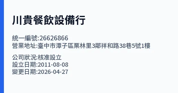 川貴餐飲設備行的照片-統編 26626866(臺中市) 公司登記資料與營業項目詳細圖表