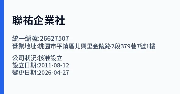 聯祐企業社的照片-統編 26627507(桃園市) 公司登記資料與營業項目詳細圖表