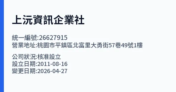 上沅資訊企業社的照片-統編 26627915(桃園市) 公司登記資料與營業項目詳細圖表