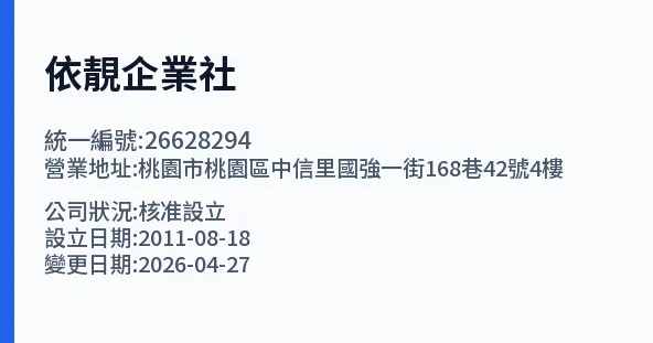 依靚企業社的照片-統編 26628294(桃園市) 公司登記資料與營業項目詳細圖表