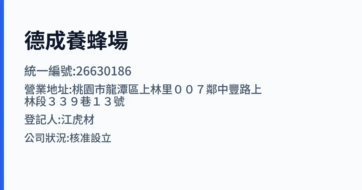 德成養蜂場 - 統編 26630186(桃園市) 公司登記資料與營業項目詳細圖表
