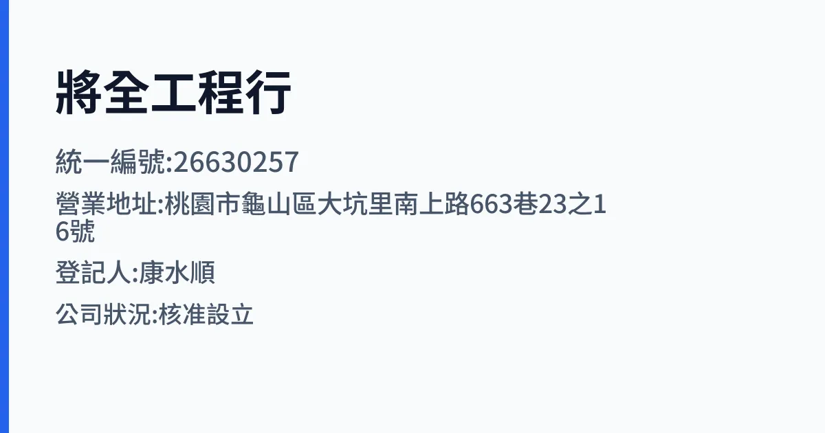 將全工程行 - 統編 26630257(桃園市) 公司登記資料與營業項目詳細圖表
