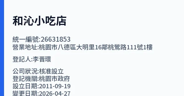 和沁小吃店的照片-統編 26631853(桃園市) 公司登記資料與營業項目詳細圖表