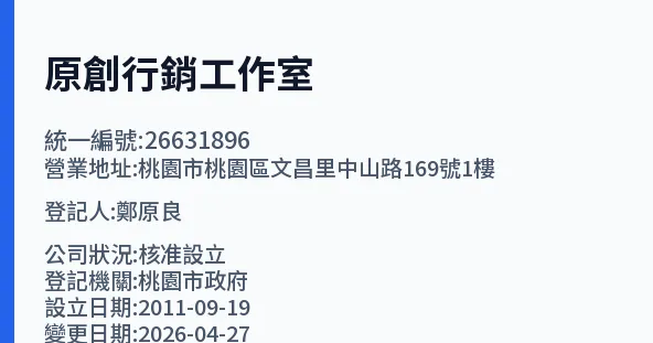 原創行銷工作室的照片-統編 26631896(桃園市) 公司登記資料與營業項目詳細圖表