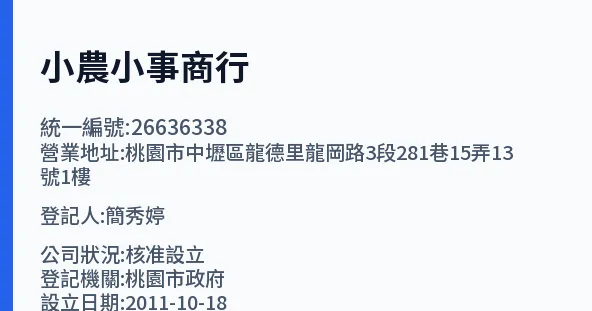 小農小事商行的照片-統編 26636338(桃園市) 公司登記資料與營業項目詳細圖表