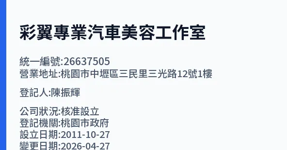彩翼專業汽車美容工作室的照片-統編 26637505(桃園市) 公司登記資料與營業項目詳細圖表