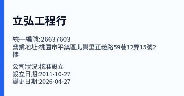 立弘工程行的照片-統編 26637603(桃園市) 公司登記資料與營業項目詳細圖表