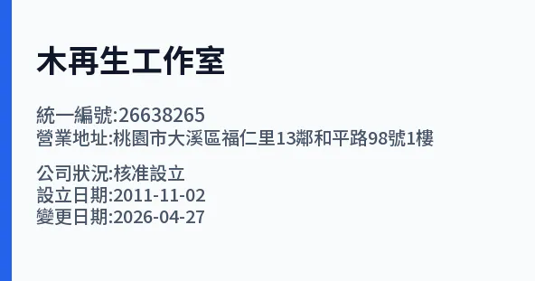 木再生工作室的照片-統編 26638265(桃園市) 公司登記資料與營業項目詳細圖表